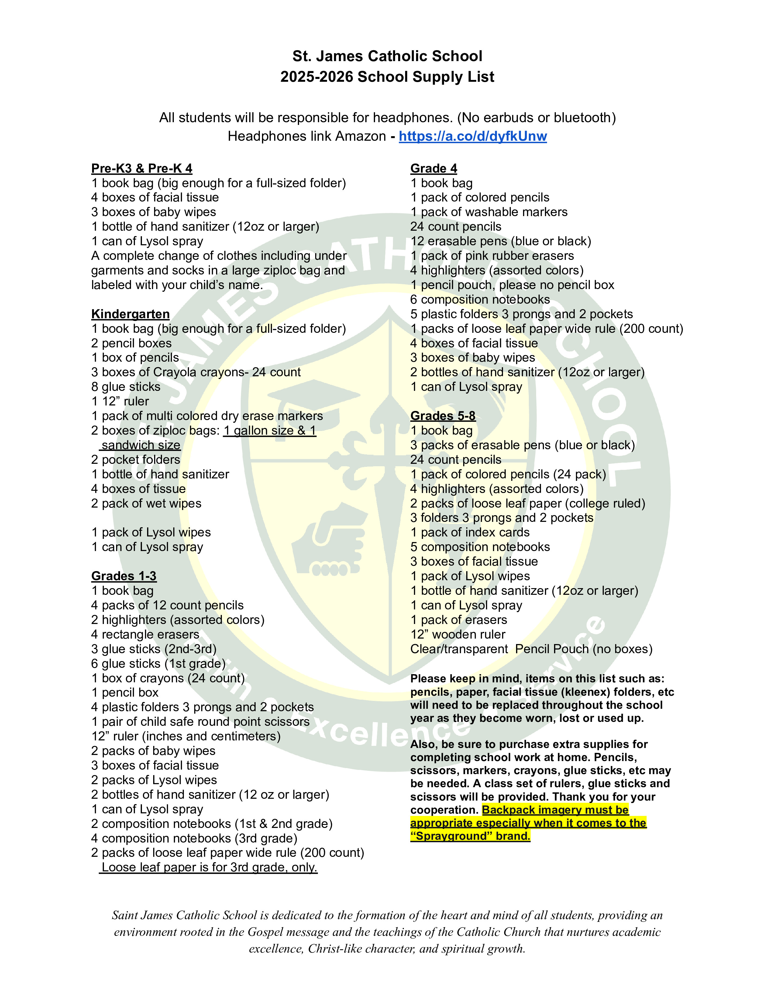 School Supplies List - St James Catholic School